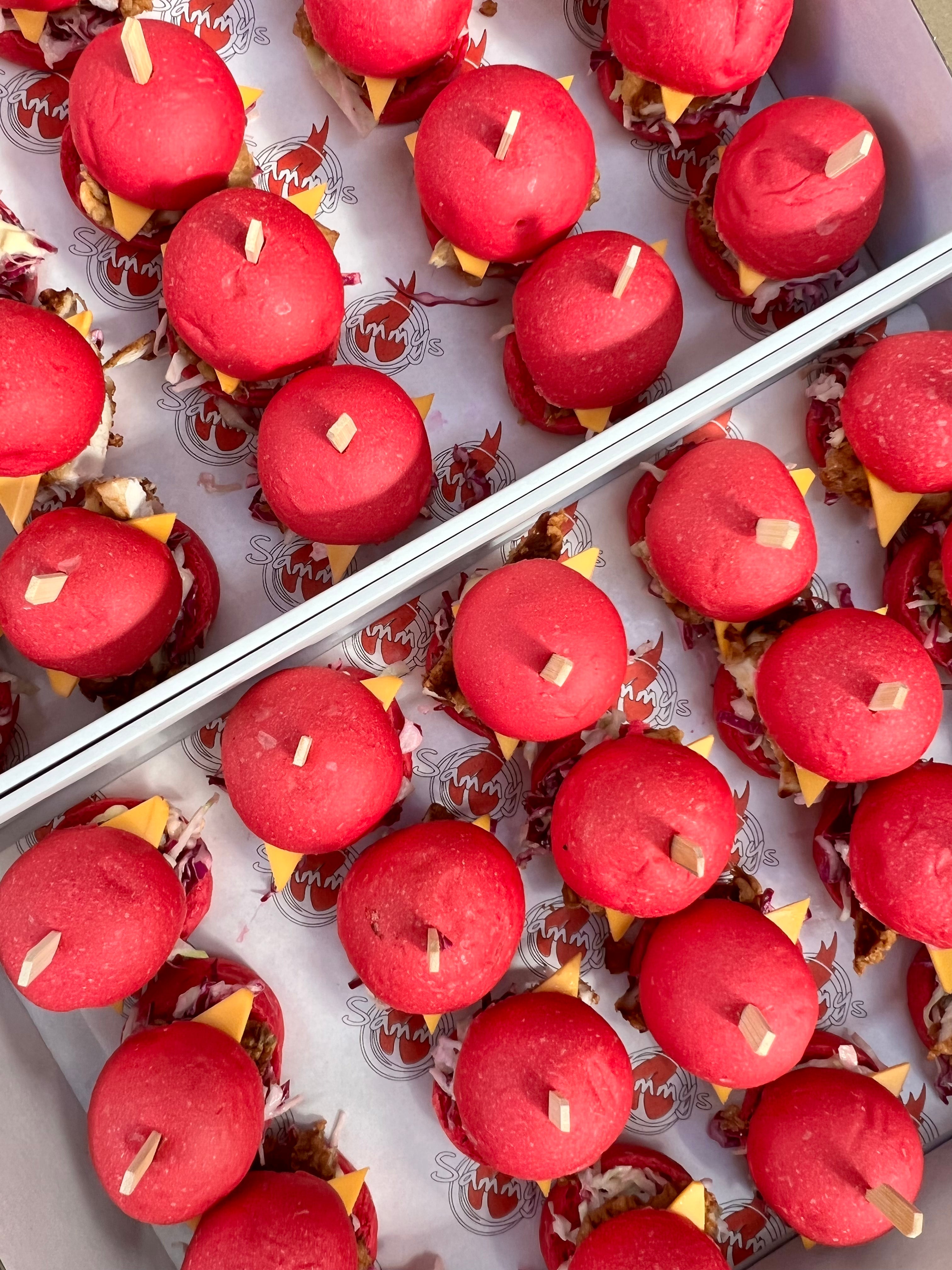 Coloured Mini Slider Burgers From Sammys Catering And Co Finger Food Corporate Event Styling
